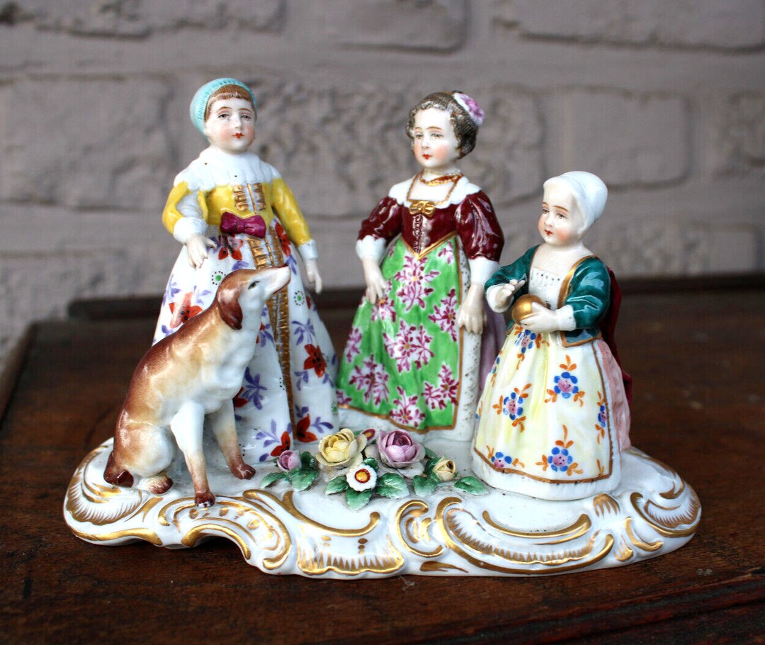 Antique 18thc Hochst German Porcelain Mark Statue Group Girls With Dog ...