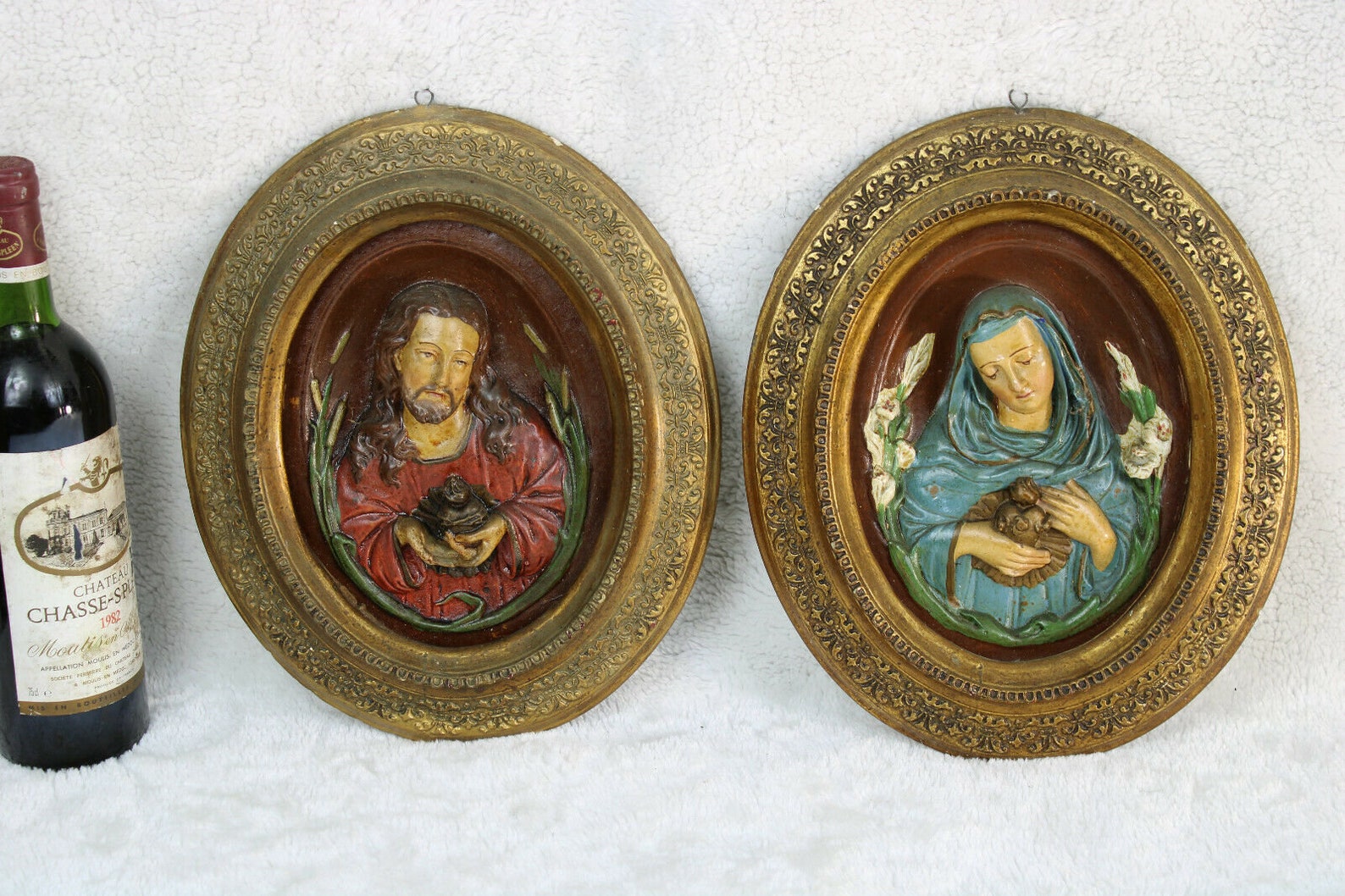 Pair Antique 1900s Chalkware Religious Wall Panel Plaque Relief Jesus ...