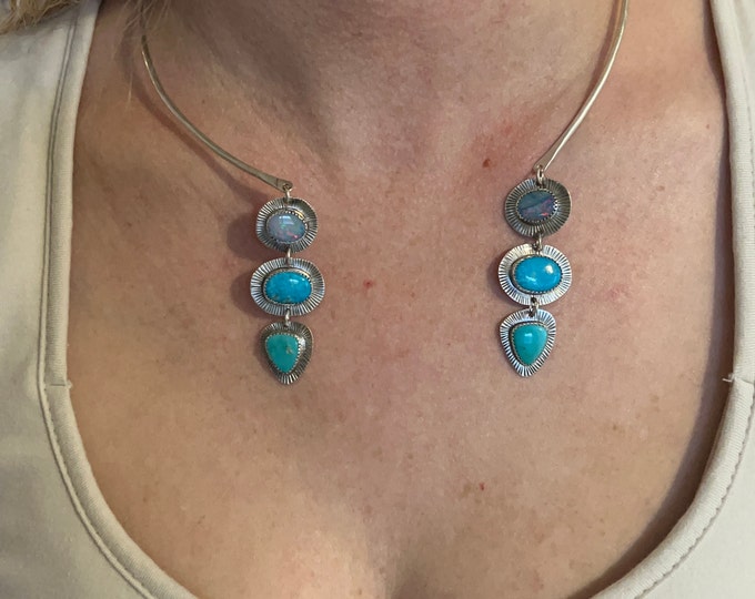 Australian Opal and Sonoran Turquoise Hand Stamped Sterling Silver ...