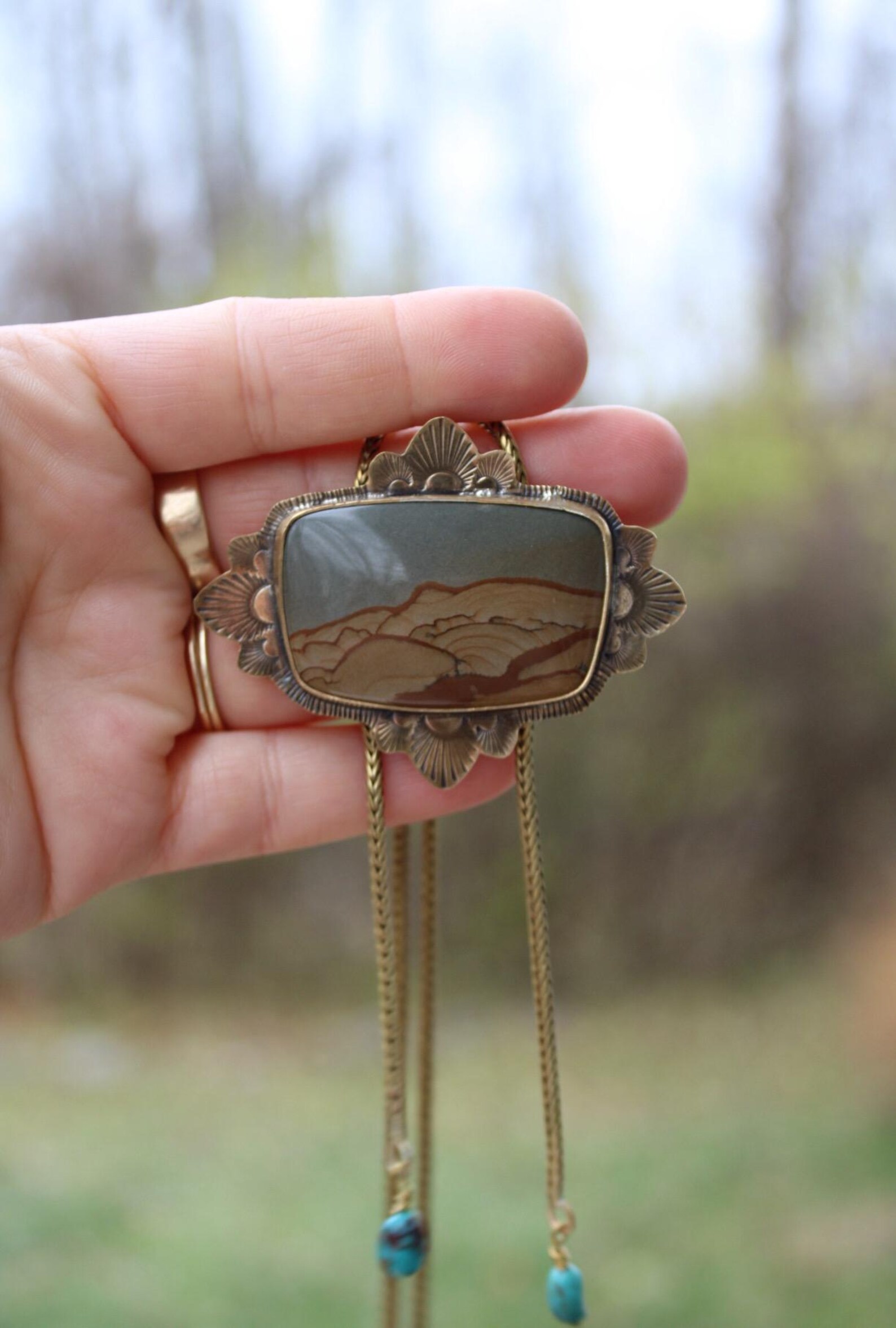 Owyhee Picture Landscape Jasper Hand Stamped Handcrafted Brass Bolo ...