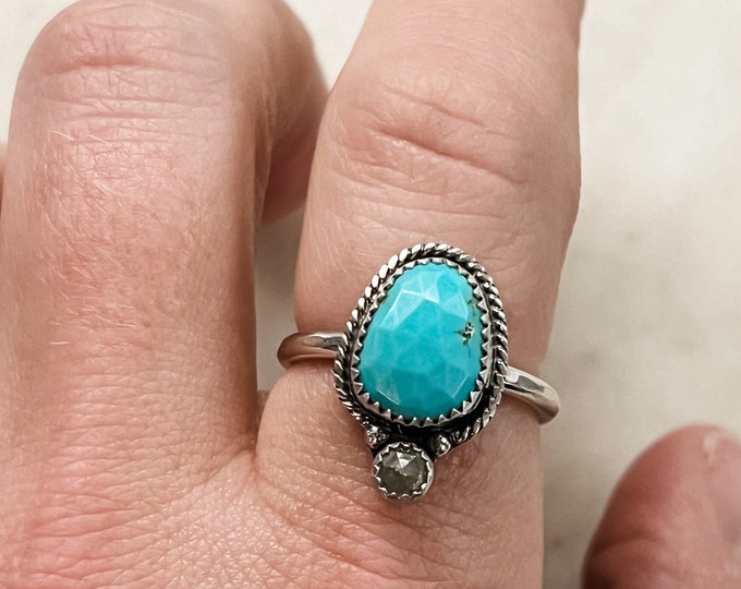 Rose Cut Turquoise and Salt and Pepper Diamond Statement Ring Size 8 ...