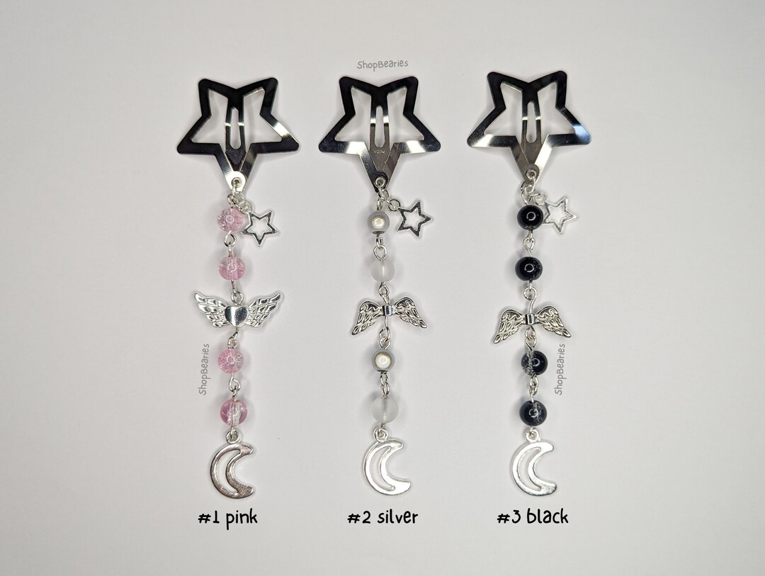 Star & Moon Star Hairclips- Black, Silver and Pink (pastel Goth ...