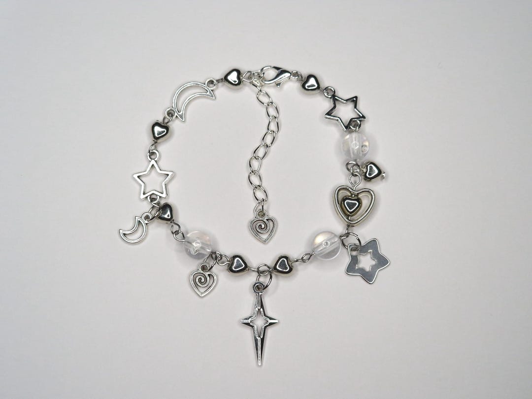 Silver Y2k Star Beaded Charm Bracelet - Handmade Jewellery Accessory ...