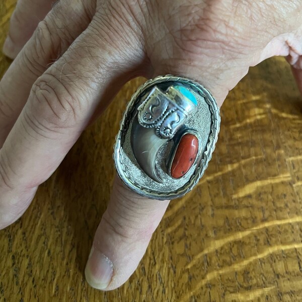 Native American Bear Claw With Turquoise and Coral Silver Jewelry - Etsy