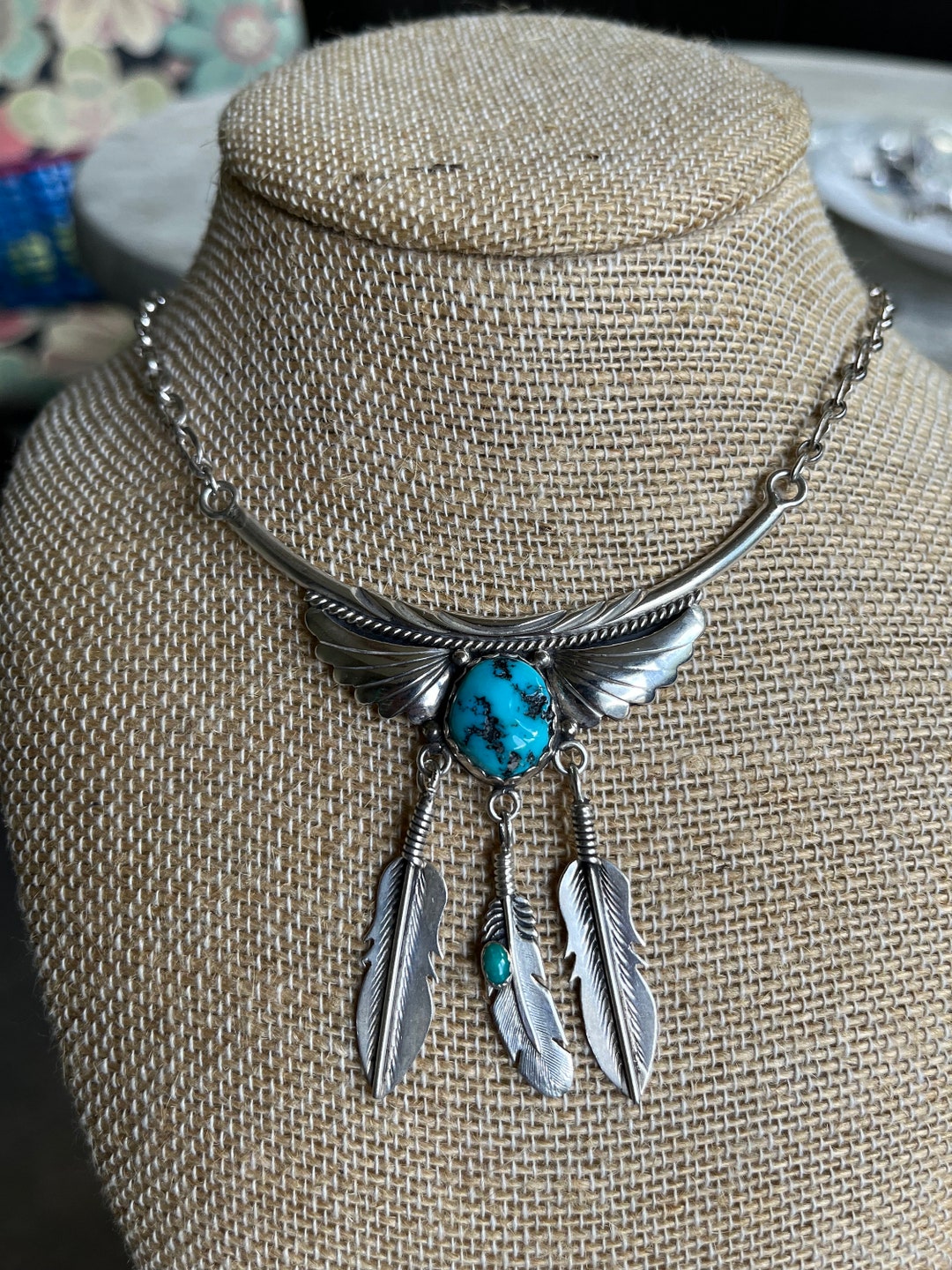 Native American Sterling Silver Wings and Turquoise Pendant Lariat Y ...