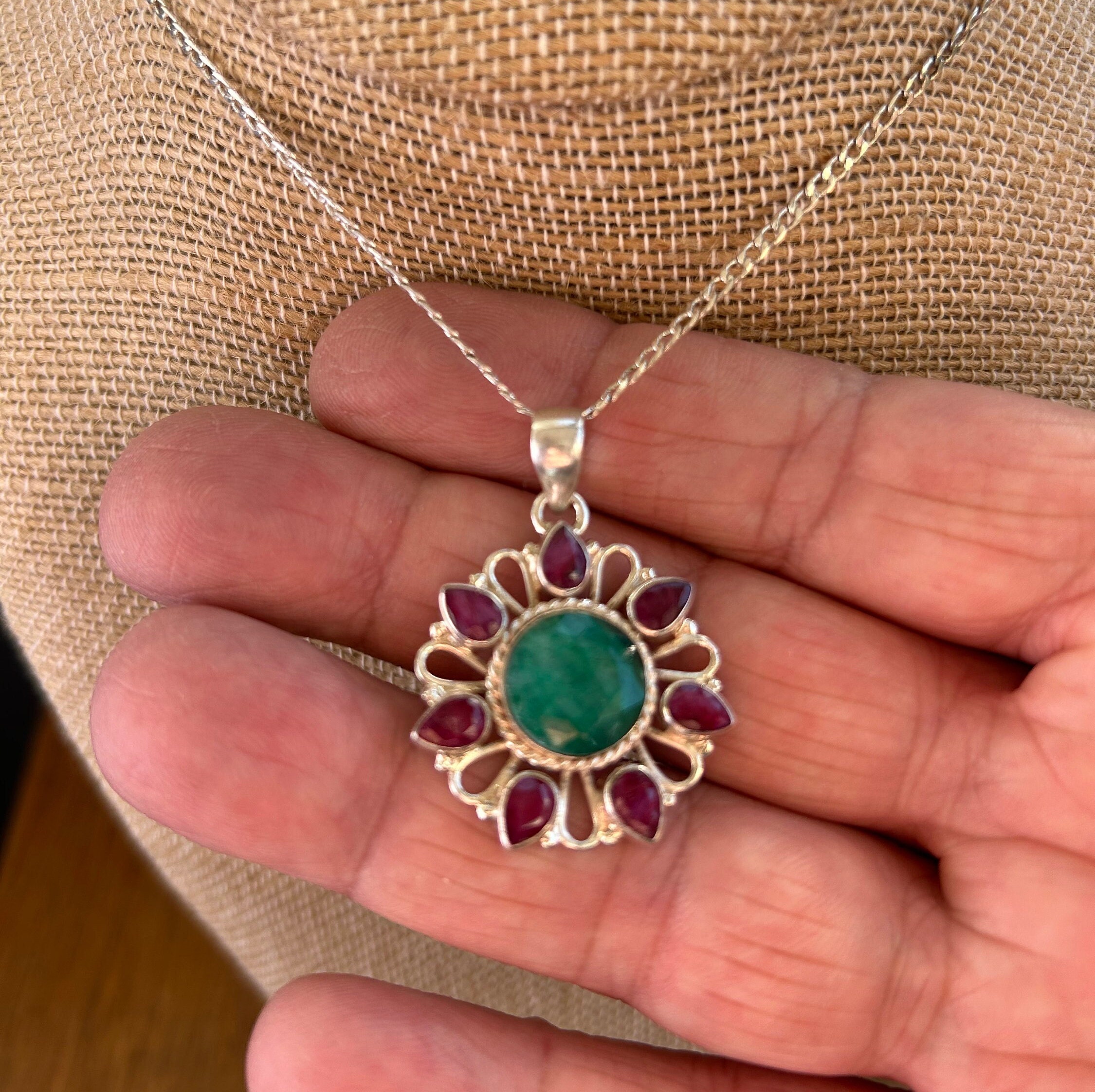Sterling Silver Ruby and Emerald Pendant Necklace 16” - Etsy