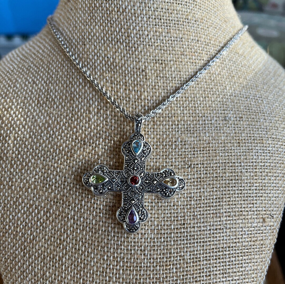 Sterling Silver and Multi Stone Cross Pendant Necklace 18” - Etsy