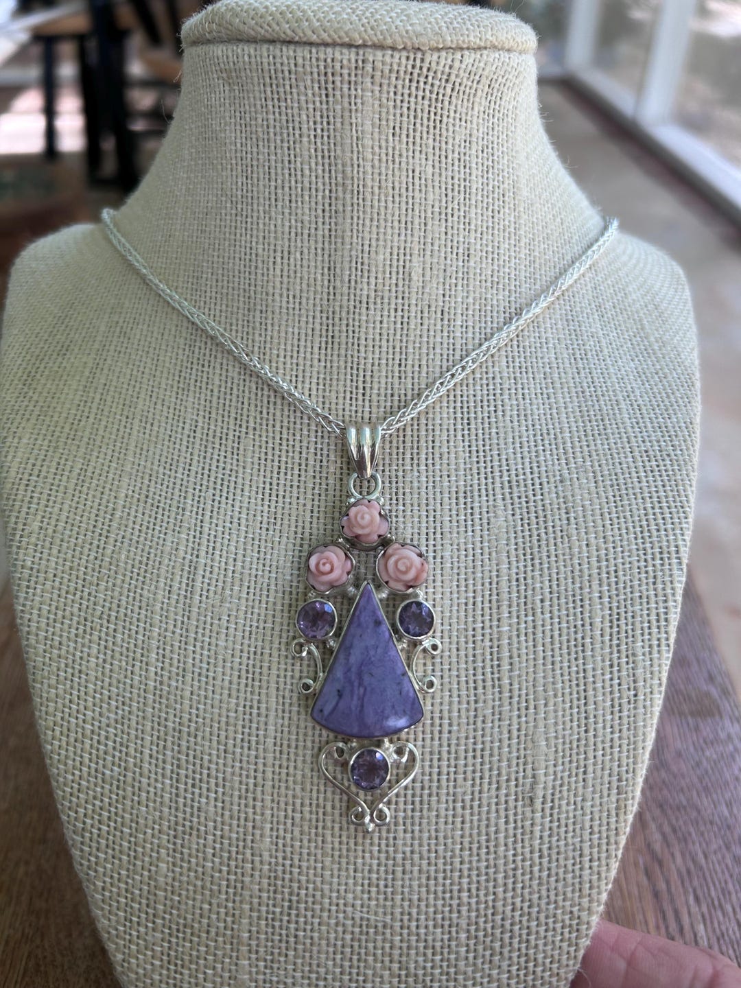Sterling Silver Charoite, Amethyst and Pink Coral Pendant With 35” 950 ...