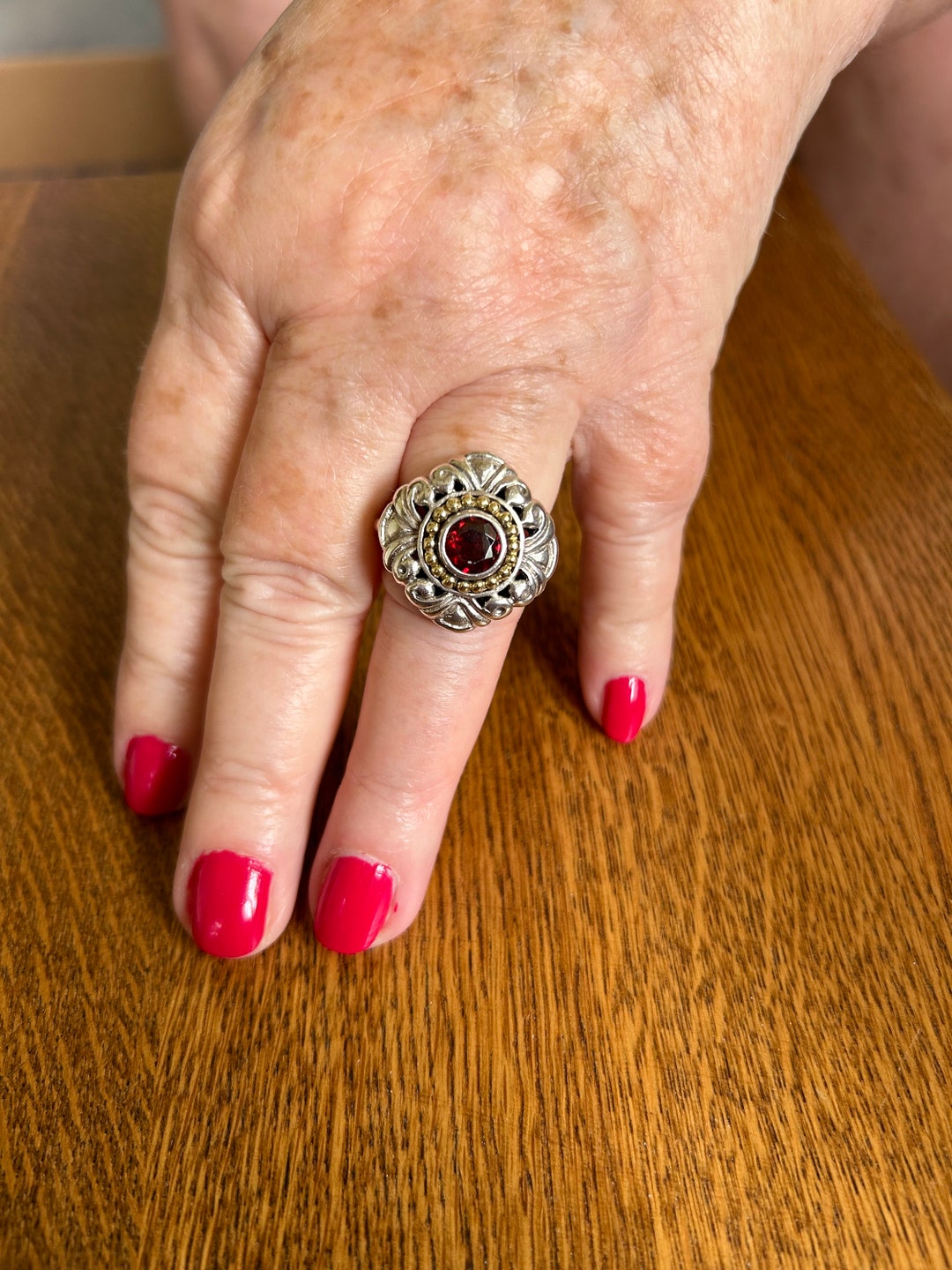 Fred Samuel Benham Sterling Silver and 18k Gold Red Garnet Ring, 8 1/2 ...
