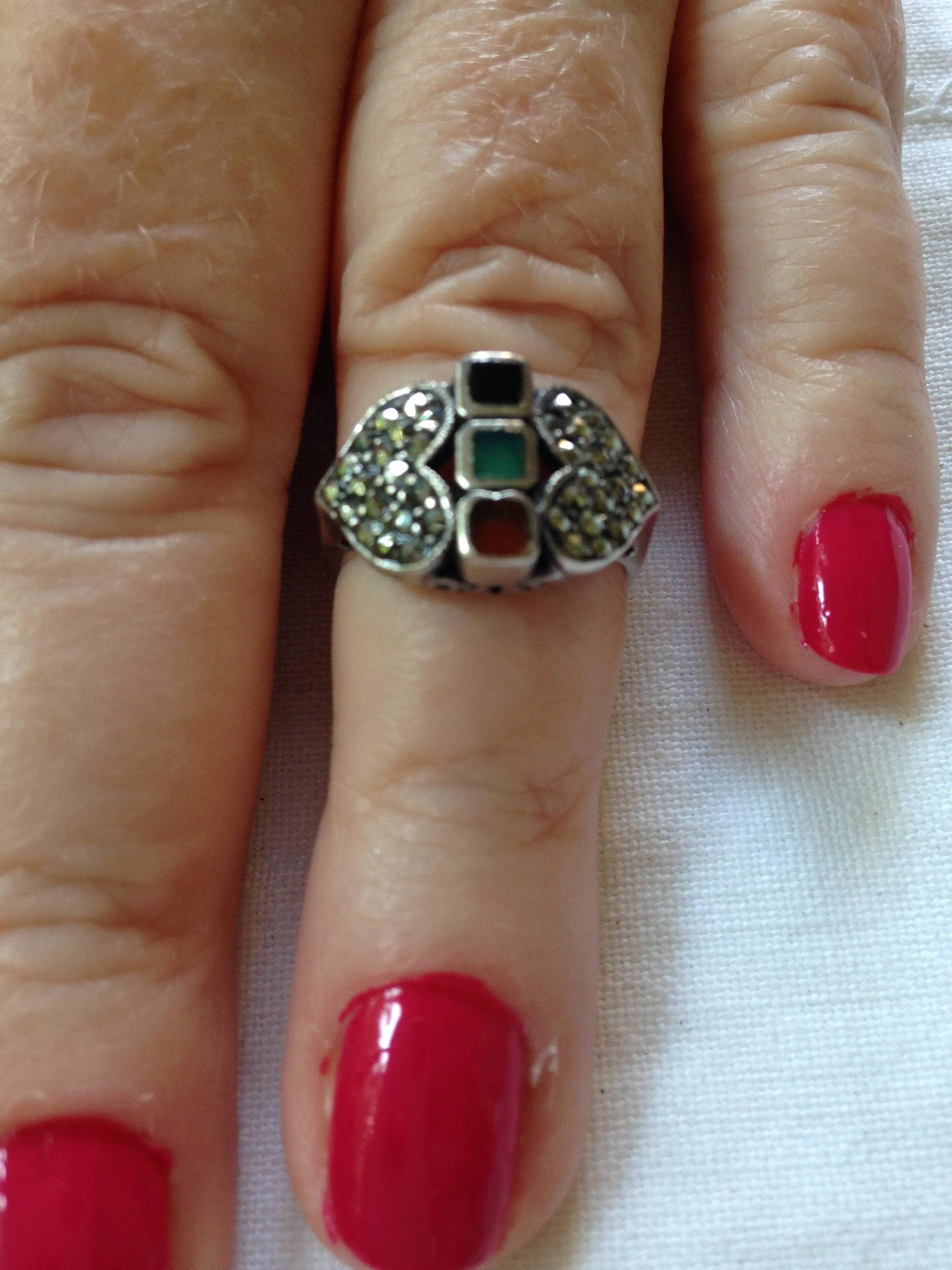 Sterling Silver Marcasite Ring with Black Green and Red | Etsy