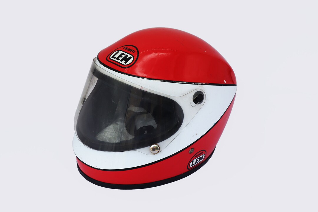 Vintage 1970s LEM Red and White Racing Motorcycle Helmet Made in Italy ...