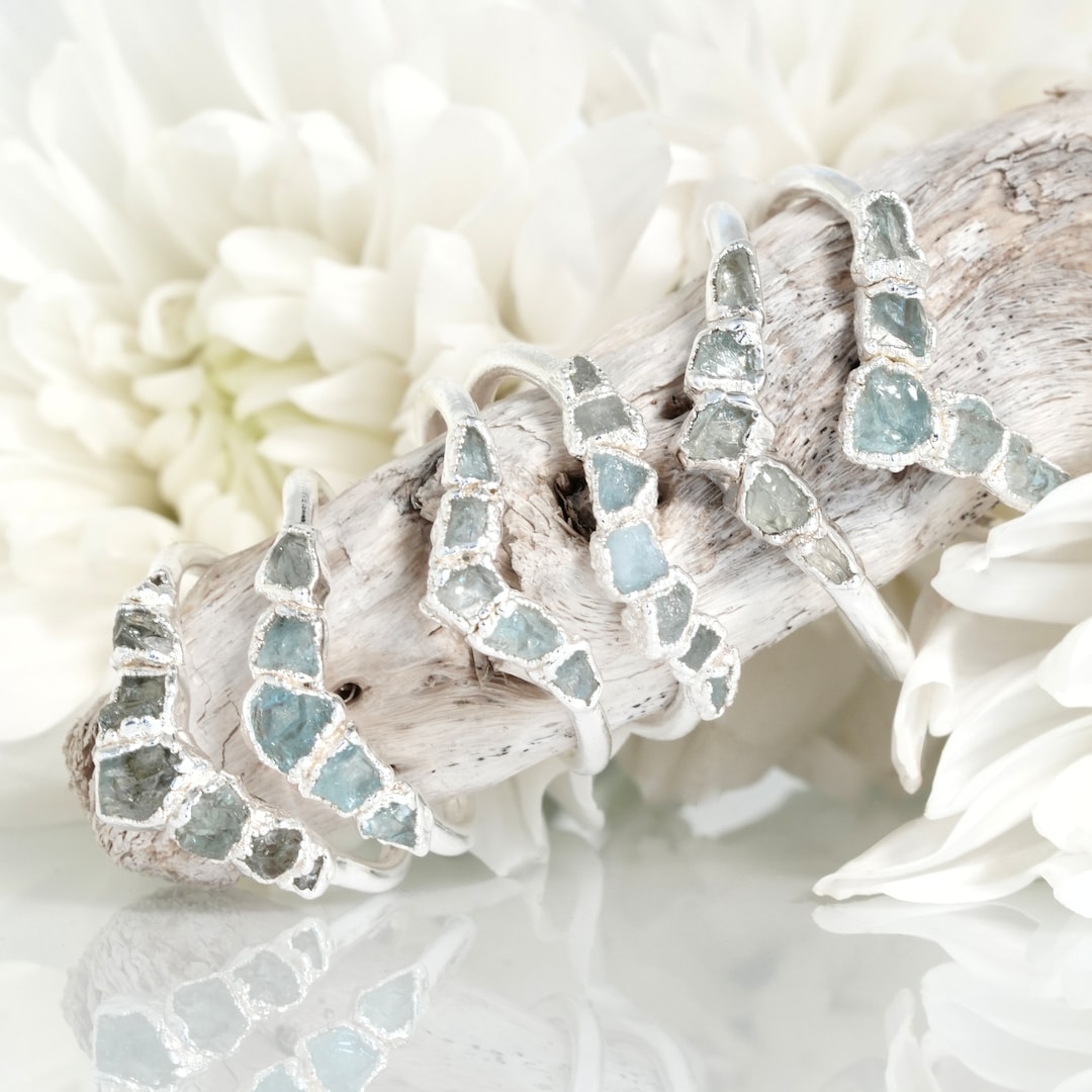 Aquamarine Wave Ring 999 Silver Wedding Band Raw Crystal Wave Ring ...