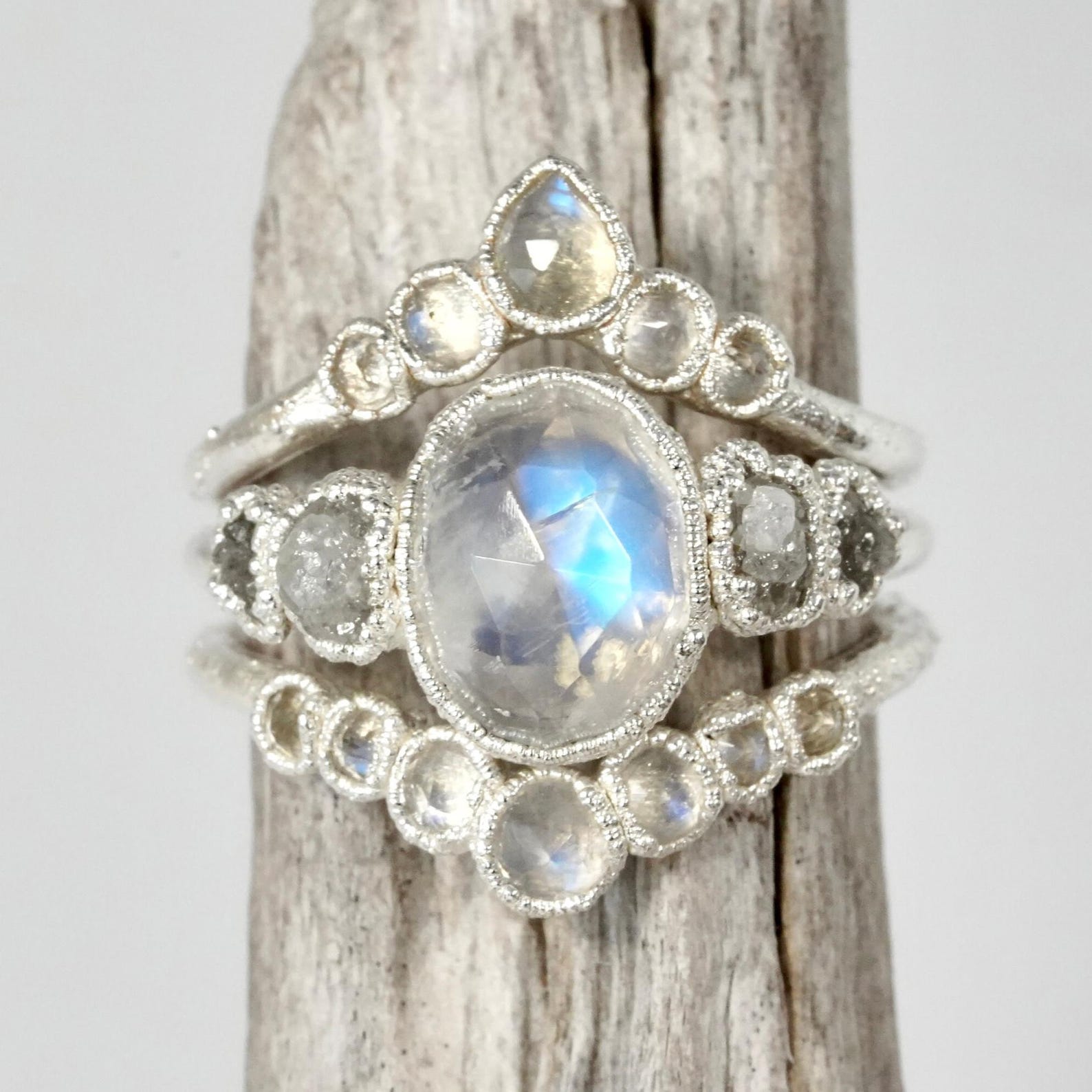 SET or SINGLE // Rainbow Moonstone and Raw White Diamond Rings ...