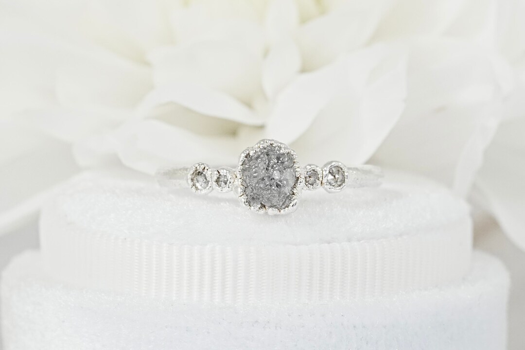 Rough Raw Light Gery Diamond Ring Alternative Fine Silver Engagement ...