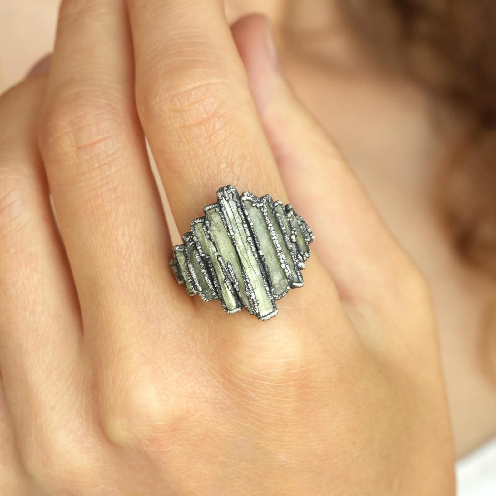 Kyanite Shield Ring. Green Raw Crystal Crown Ring Natural Rough Kyanite ...