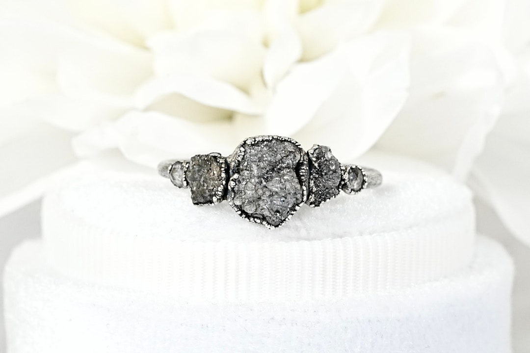 Raw Diamond Ring Rustic Diamond Engagement Ring Pure Silver Gray ...