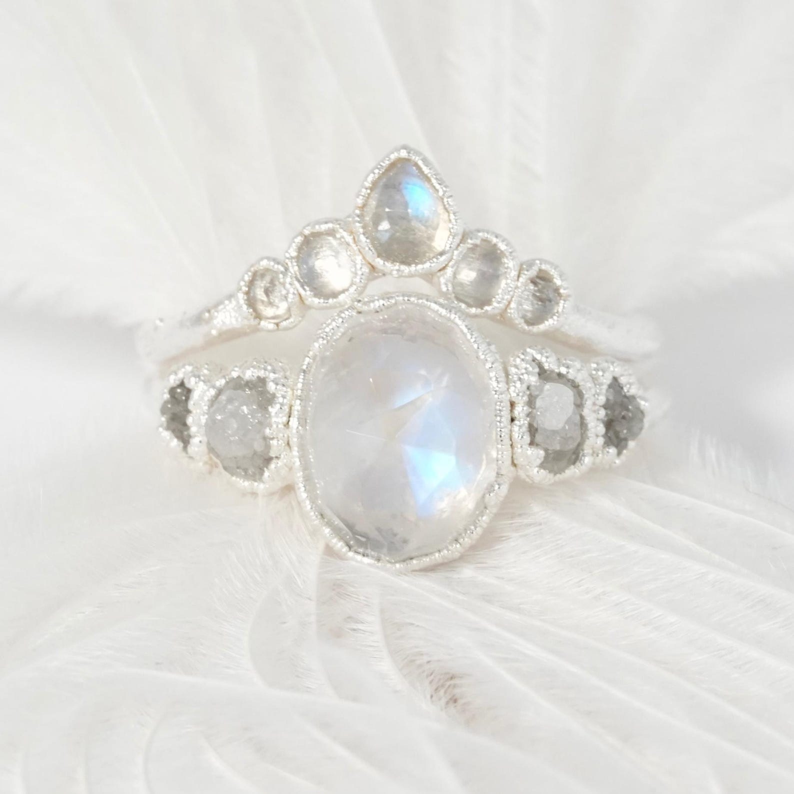 SET or SINGLE // Rainbow Moonstone and Raw White Diamond Rings ...