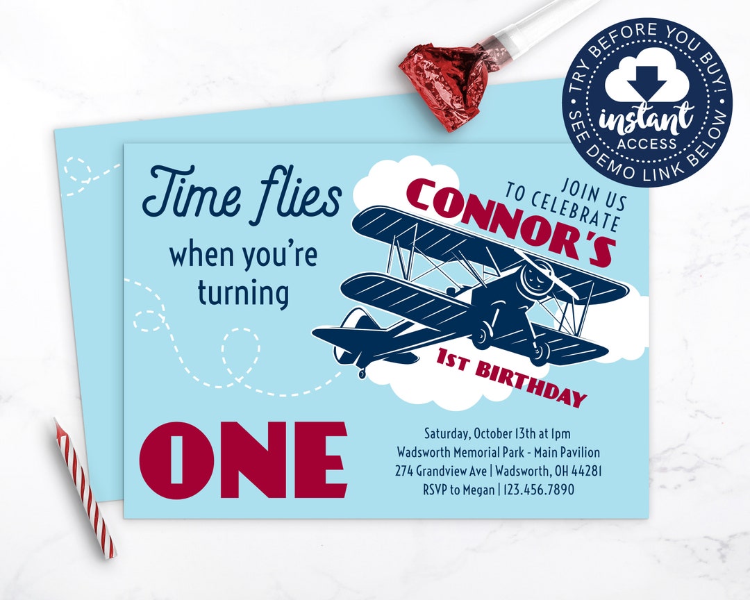Airplane First Birthday Invitation • Time Flies Birthday Invite • Edit ...