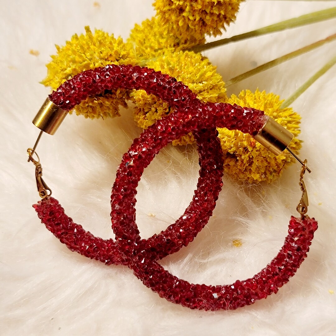 Red Wine Rhinestone Hoop Earrings Free Shipping Etsy