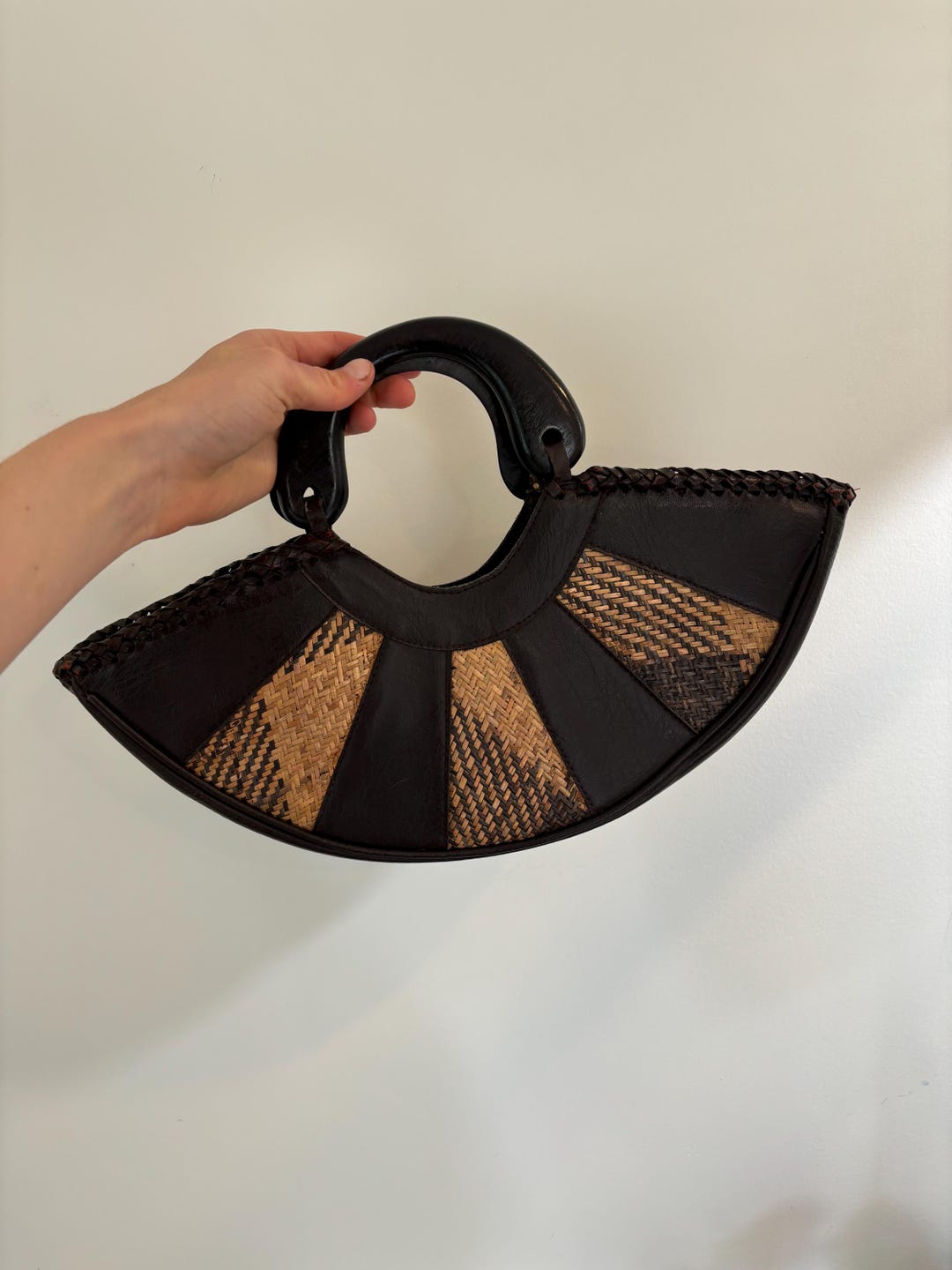 Brown Leather and Wicker Fan Purse, Fan Shape, Purse, Fan Purse, Top ...
