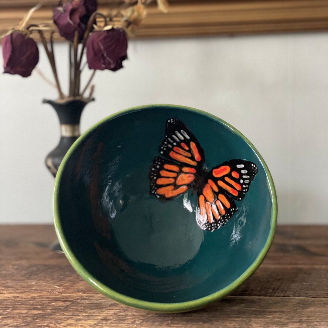 Monarch Butterfly Pottery Bowl - Teal Lime Green Ceramic Bowl - Nature ...