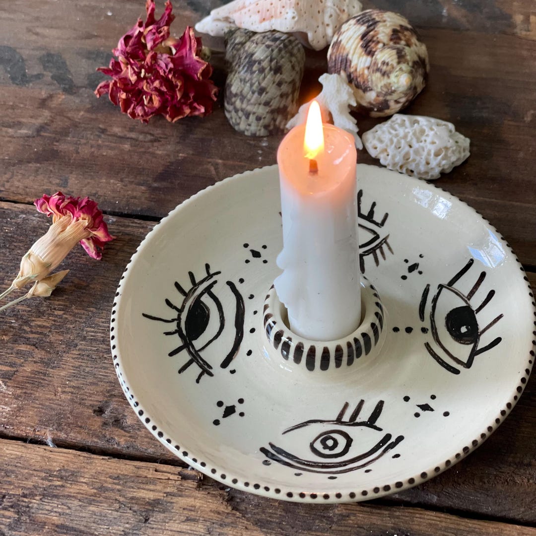 Evil Eyes Taper Candle Pottery Holder Incense Dish Creamy Off