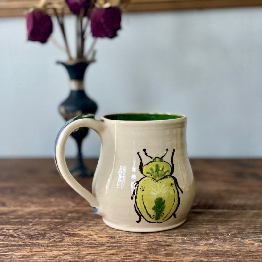 Beetle Insect Moth Mug Pottery Handmade off White Green Blue Ceramic ...