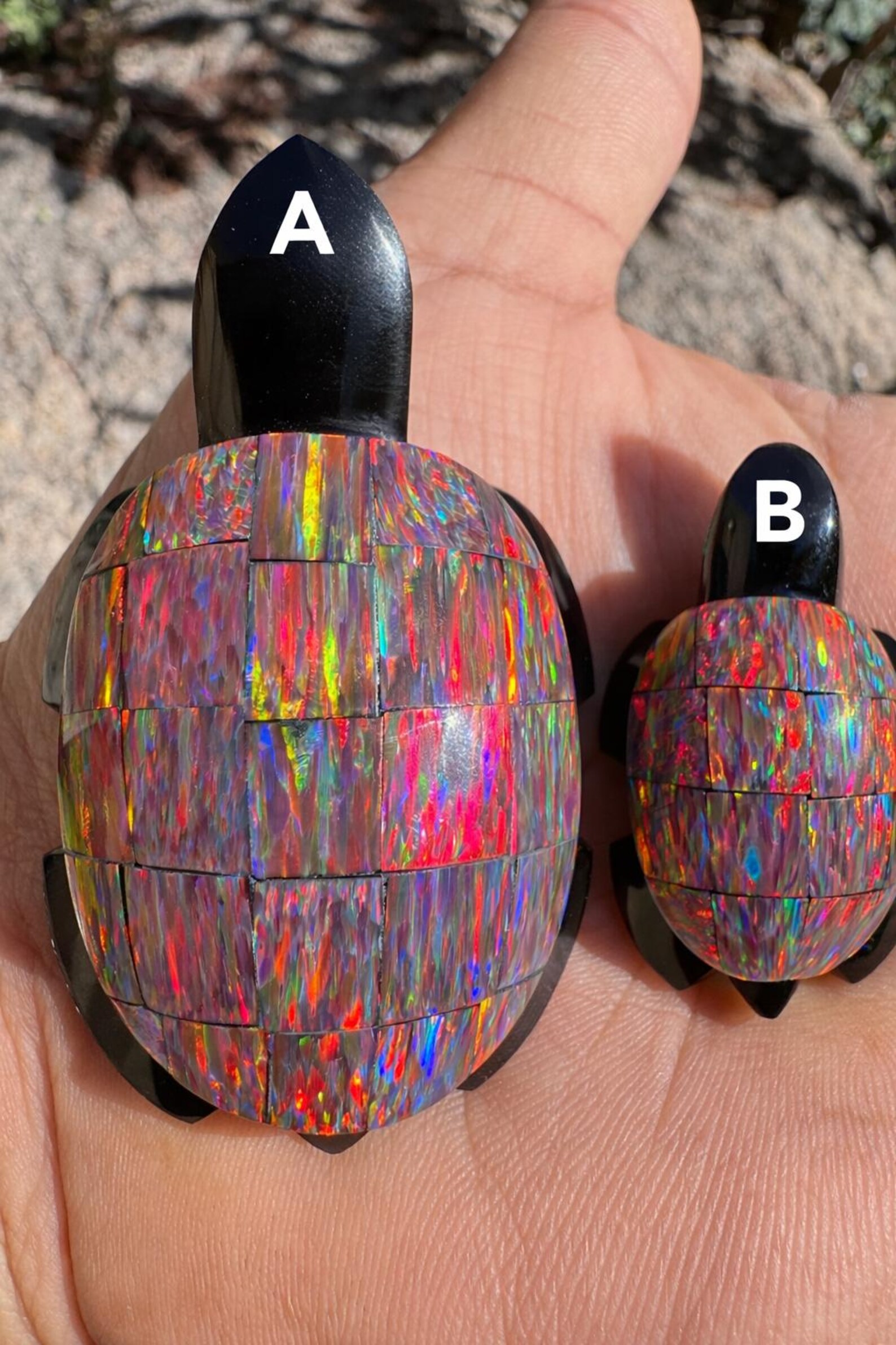 Family Set of Five Obsidian Turtles with Lab-Created Opal Mosaic ...