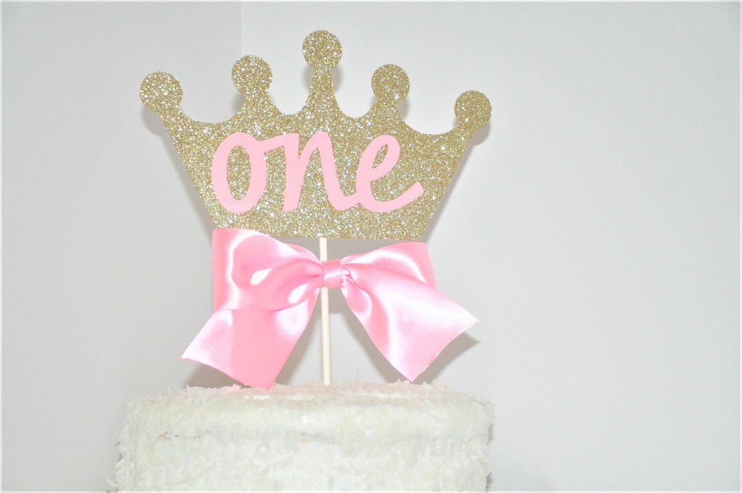 Princess Crown Cake Topper First Birthday Pink & Gold With Pink Bow ...