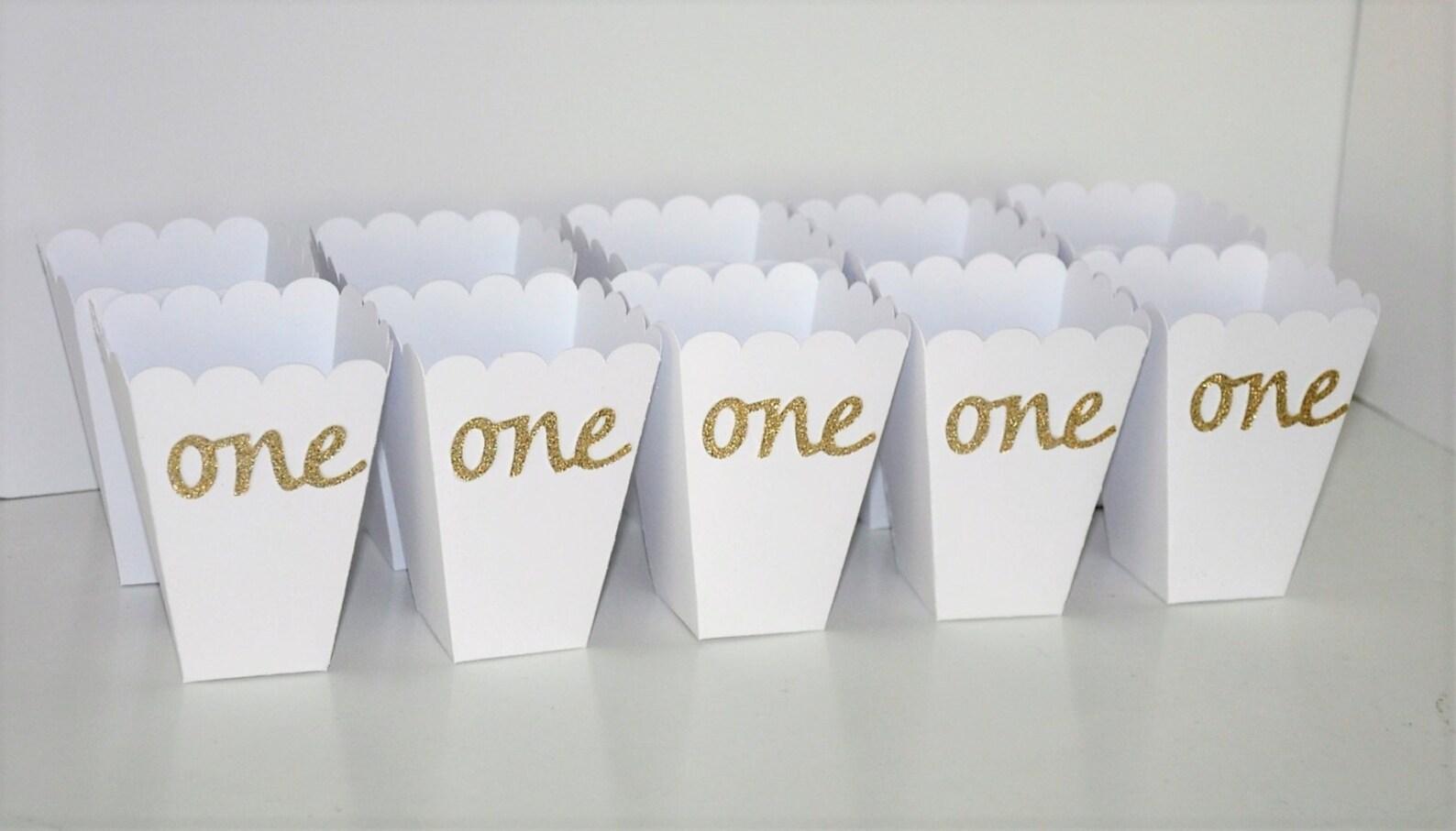 First Birthday Favor Box for Popcorn or Candy, White & Gold Glitter ...