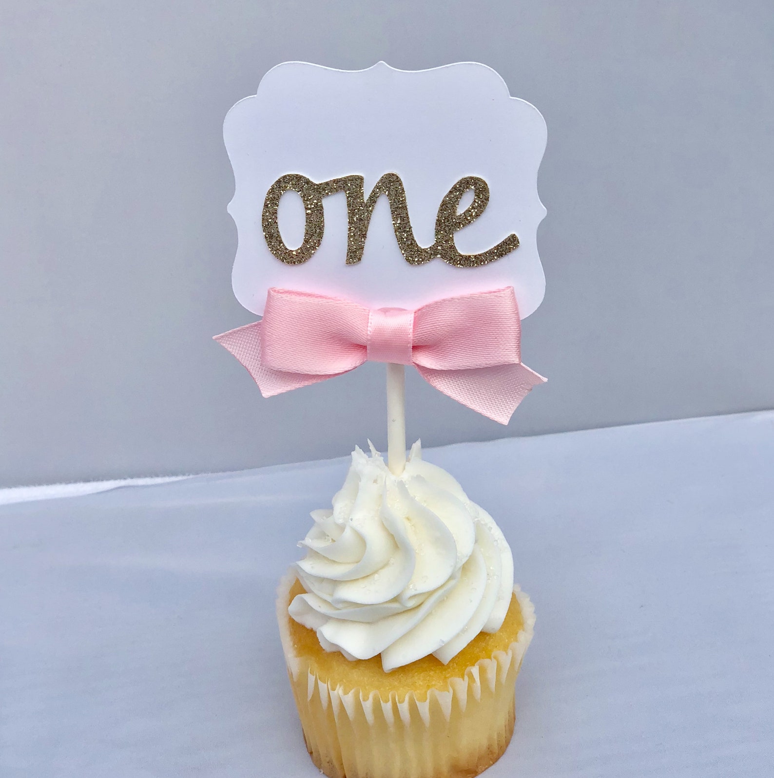 One Cupcake Toppers Pink & Gold With Pink Satin Bow for First Birthday ...