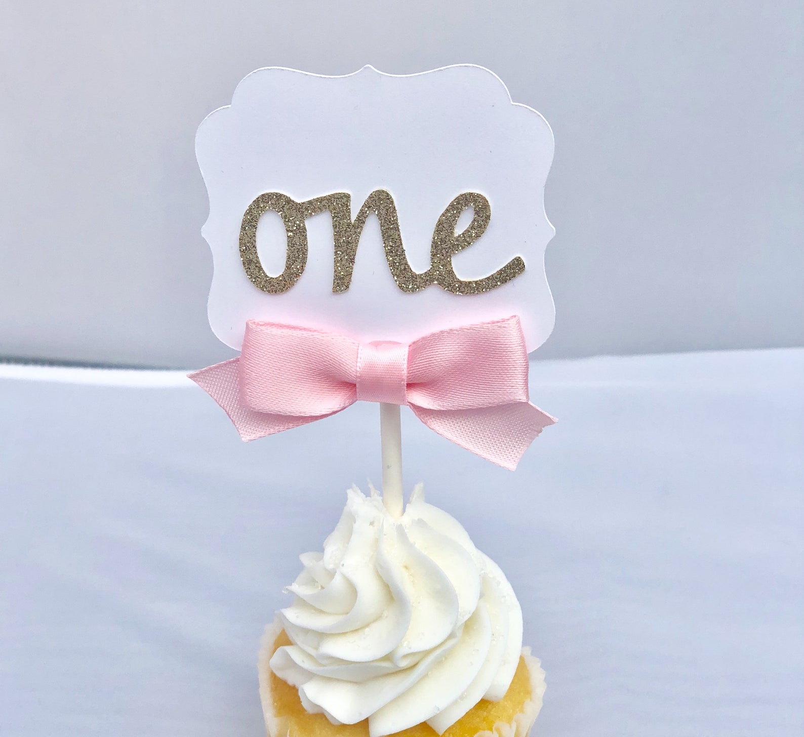One Cupcake Toppers Pink & Gold With Pink Satin Bow for First Birthday ...