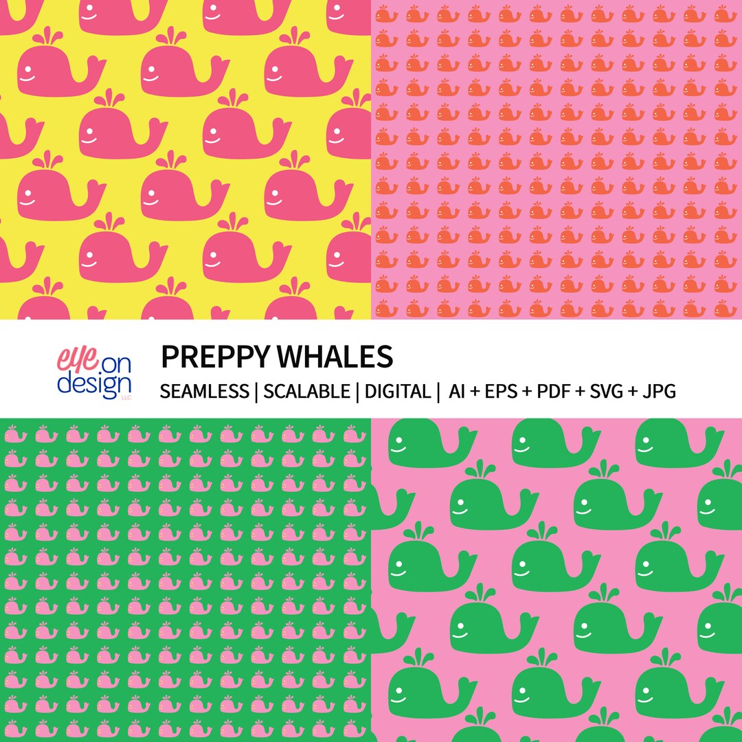 Preppy Whales Pink Green Yellow Orange Seamless Pattern Set of 4 ...