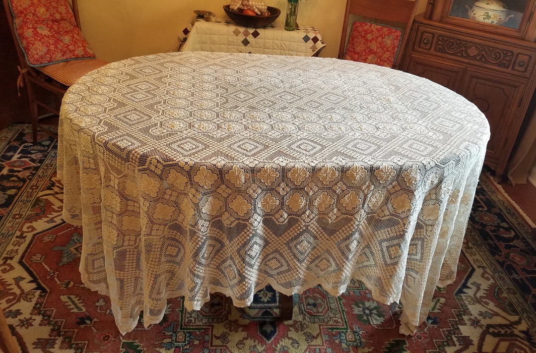 Large Filet Lace Tablecloth or Bedcover Fancy Lacework Vintage Unused ...