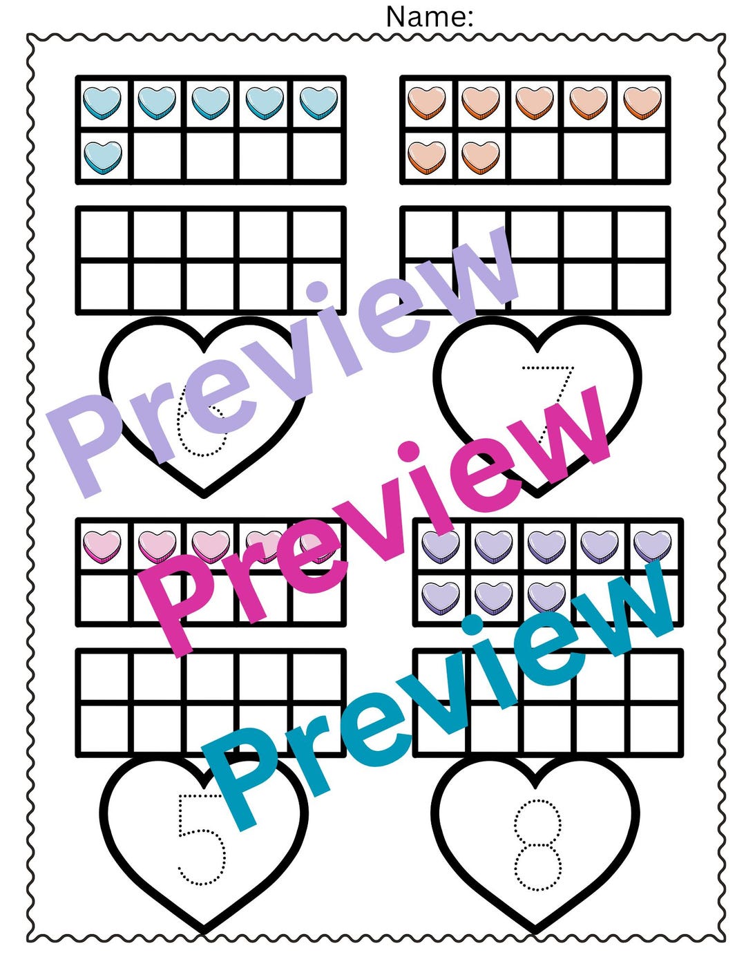 Valentine's Candy Heart Ten Frame Counting and Tracing for Early ...