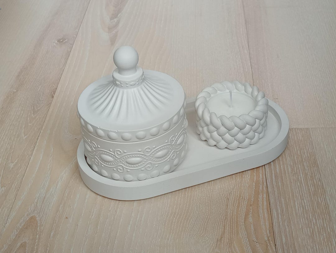 Plaster Home White Set, Jewelry Stand, Candle in a Candlestick, Plaster ...