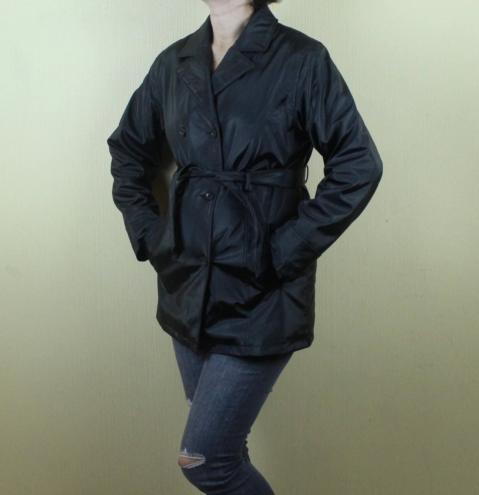 Black PVC Coat Vintage 90s Glossy Jacket Womens Trench Coat | Etsy