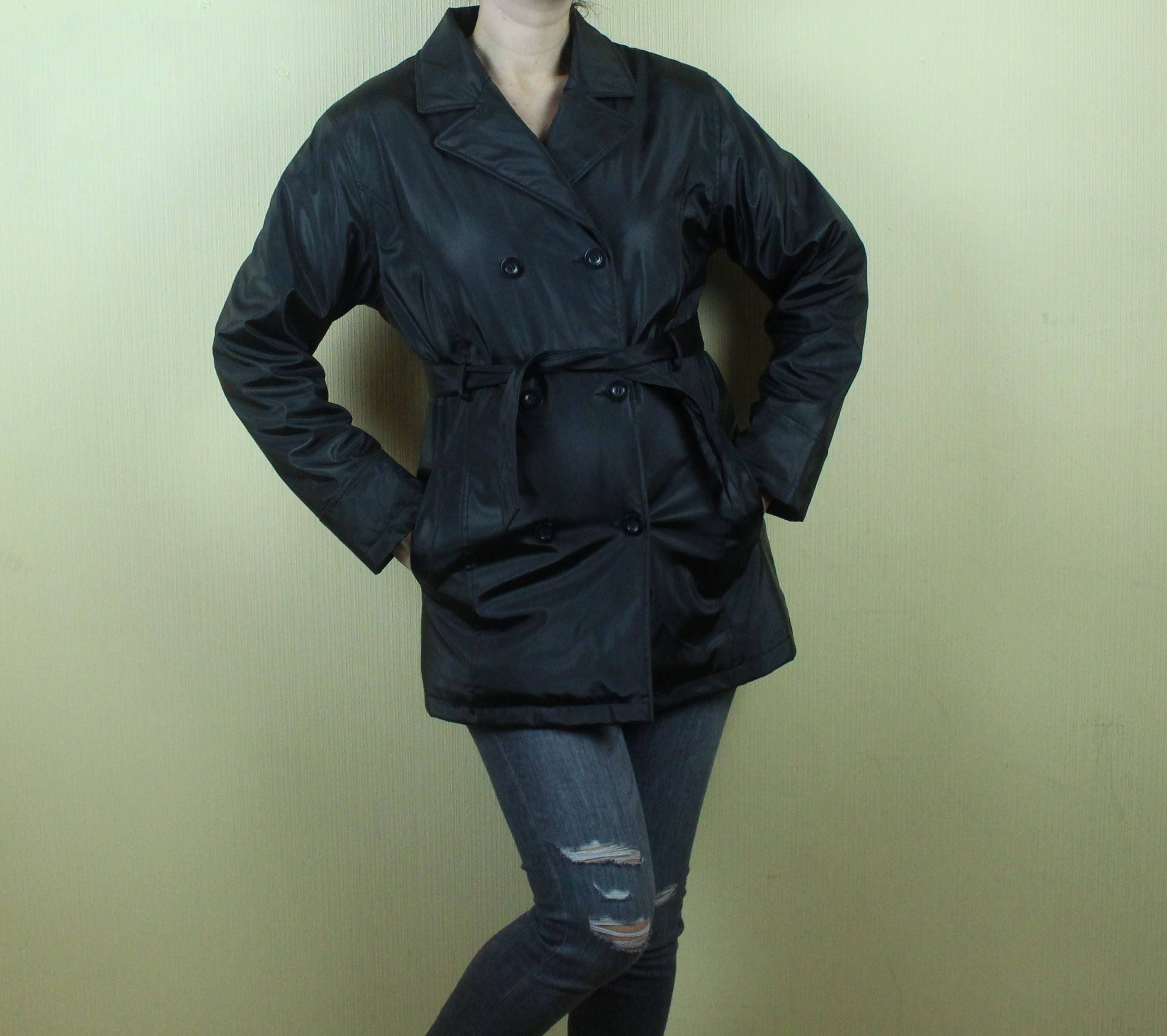 Black PVC Coat Vintage 90s Glossy Jacket Womens Trench Coat | Etsy