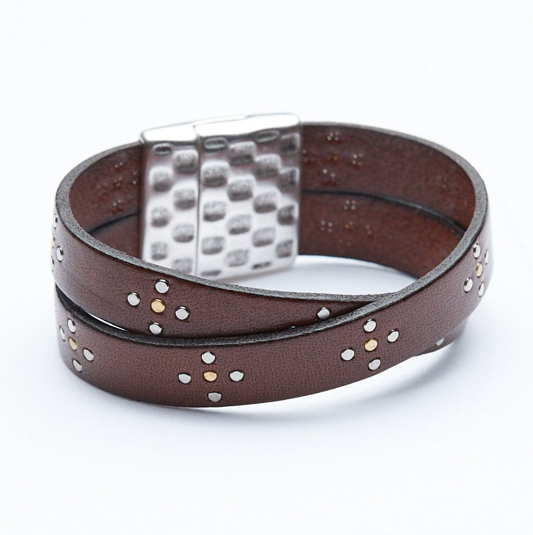 The Slayer Italian Studded Leather Unisex Cuff With Magnetic Clasp - Etsy