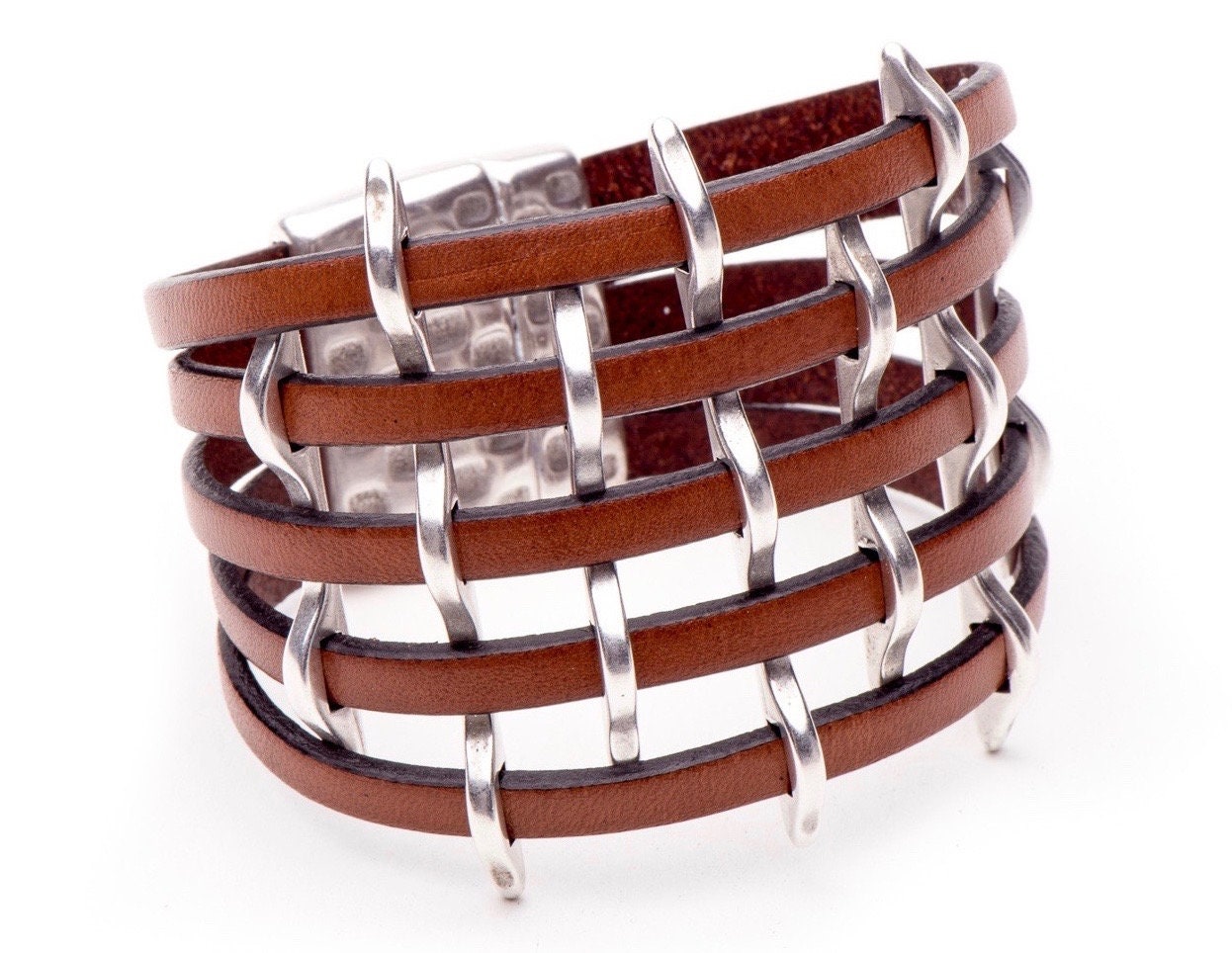 The Defender Bold and Edgy Statement Leather and Silver Cuff Bracelet ...