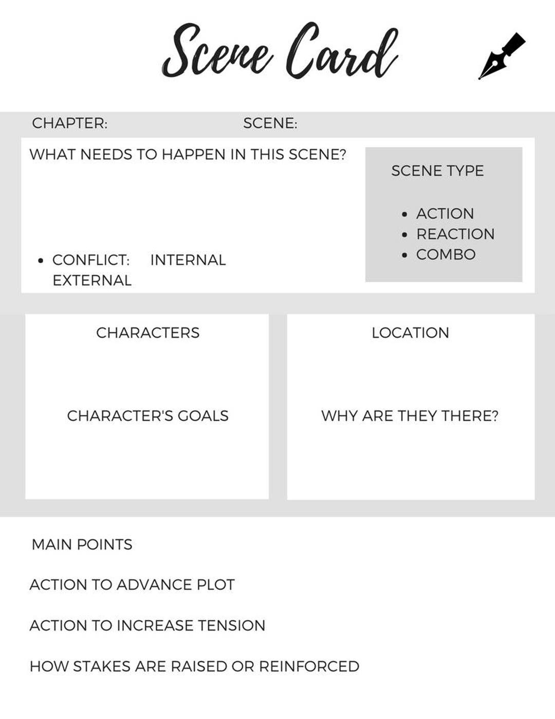 Novel Writing Scene Card: Nanowrimo Worksheet (PDF) - Etsy