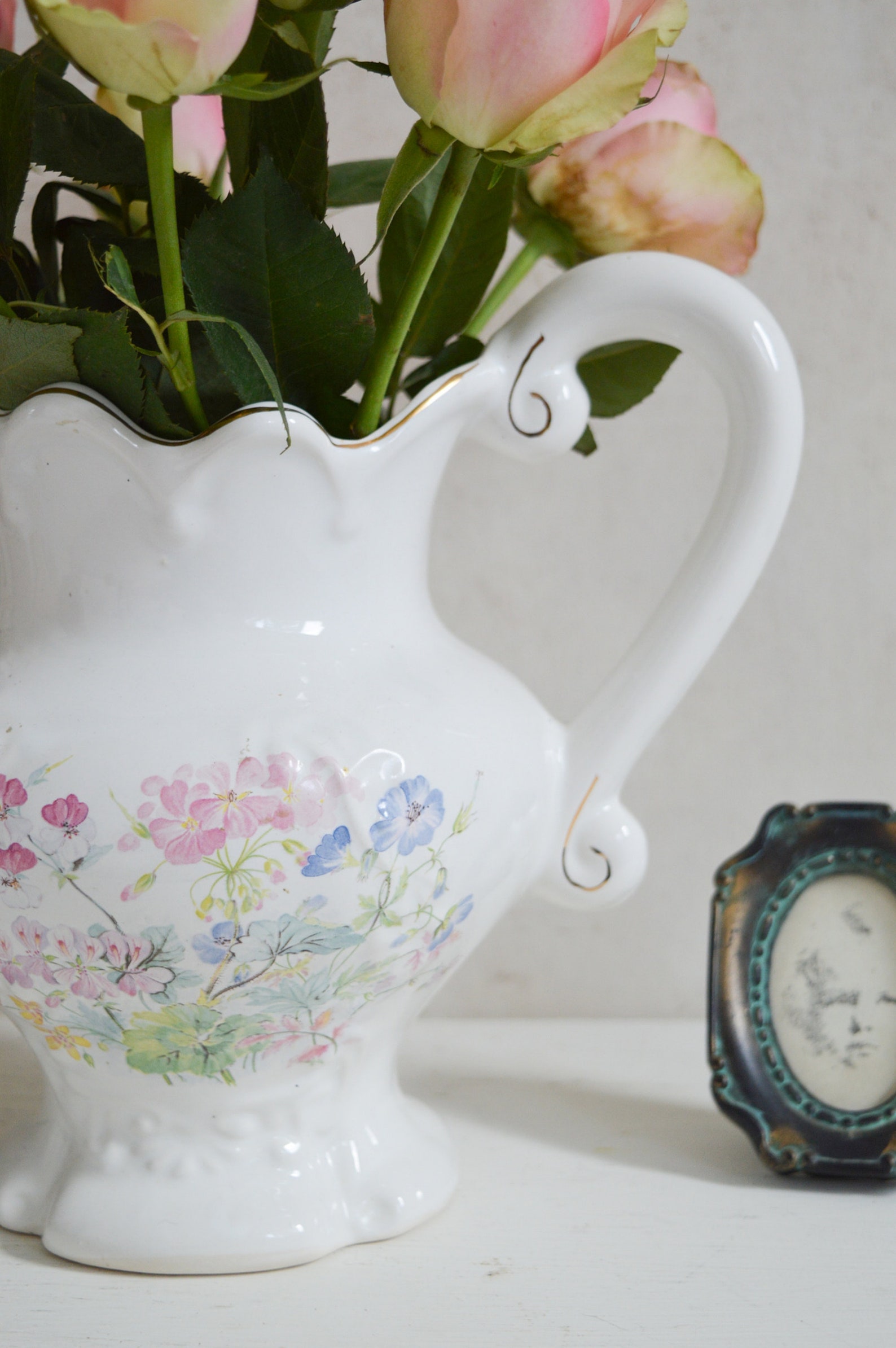 Shabby Chic Pink & Blue Flower Pitcher Vintage Floral | Etsy