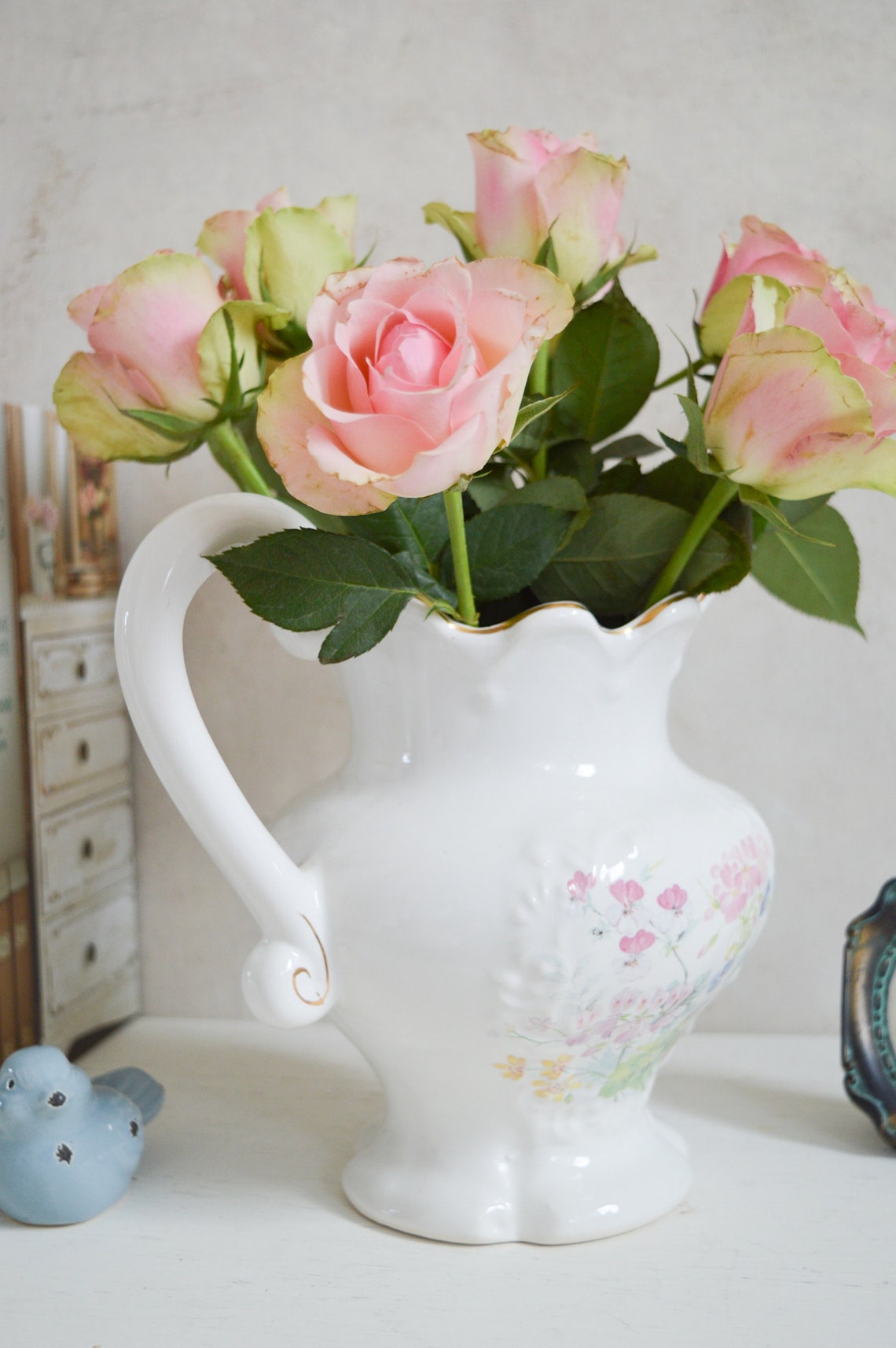 Shabby Chic Pink & Blue Flower Pitcher Vintage Floral | Etsy
