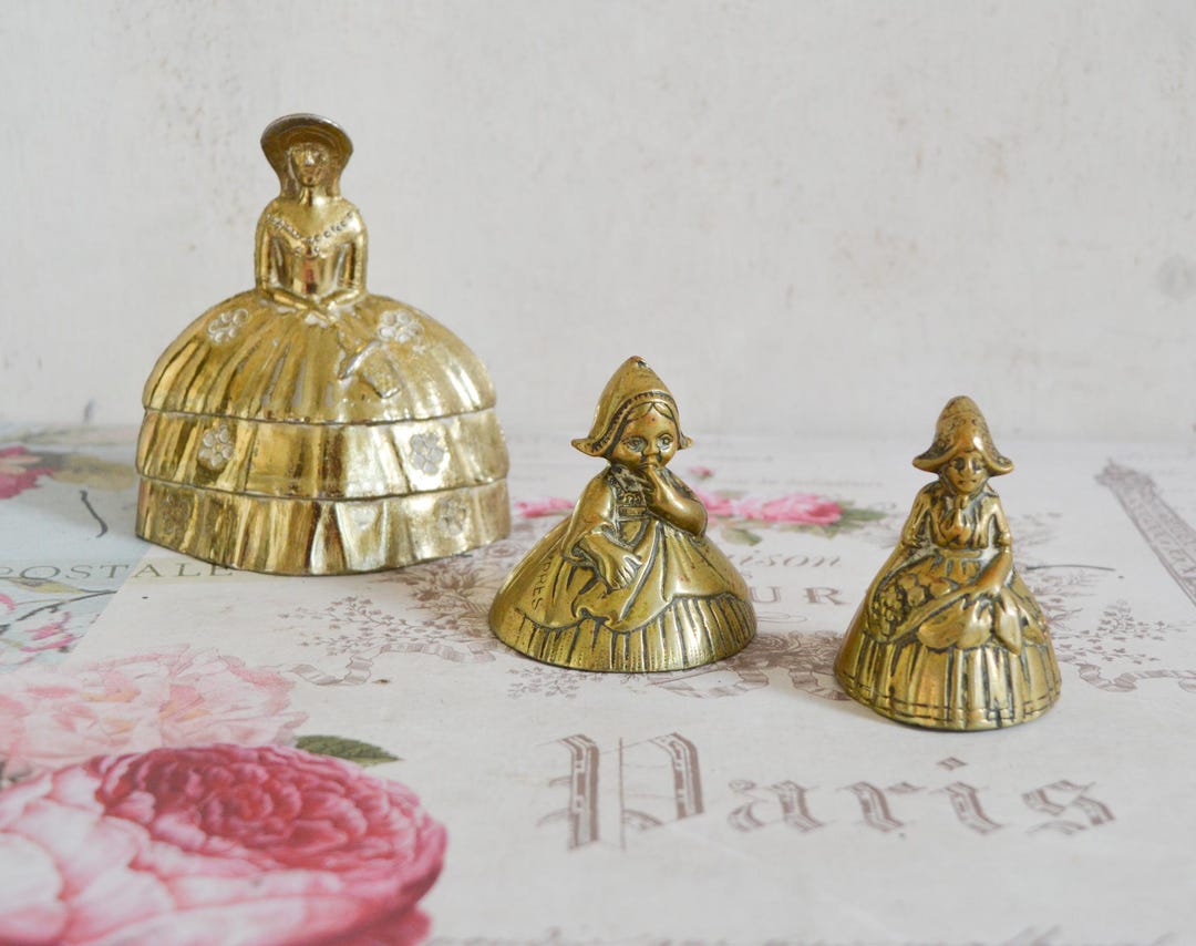 Antique Brass Various Lady Bells , Crinoline Lady With Bonnet & Basket ...