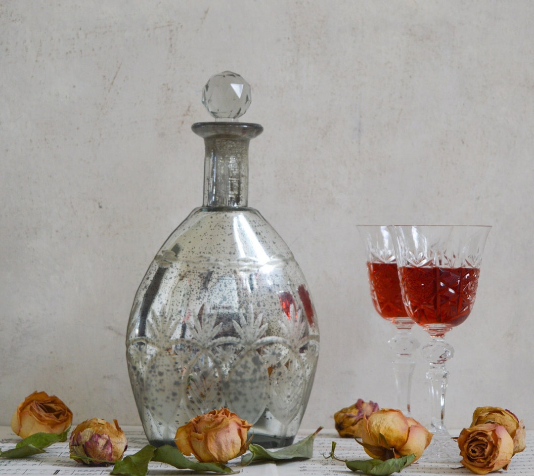 Rare Vintage Mercury Glass Decanter, 1980s Etched Pineapple Decanter ...