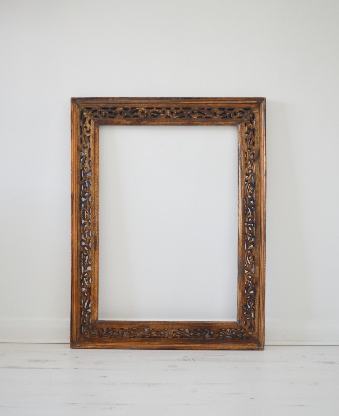 Vintage Large Wood Carved Ornate Photo Frame, Hand Carved Rustic Brown ...