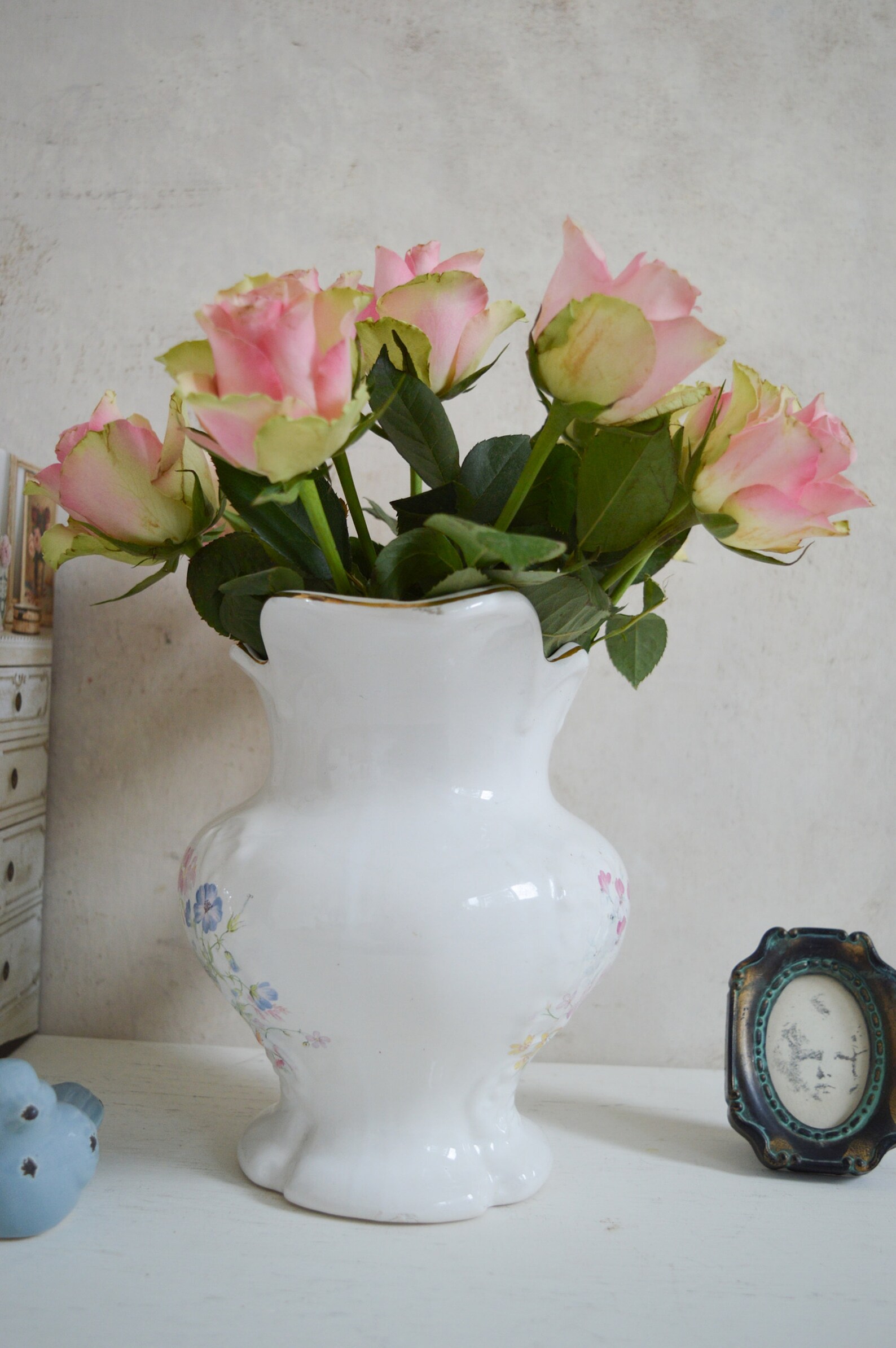 Shabby Chic Pink & Blue Flower Pitcher Vintage Floral | Etsy