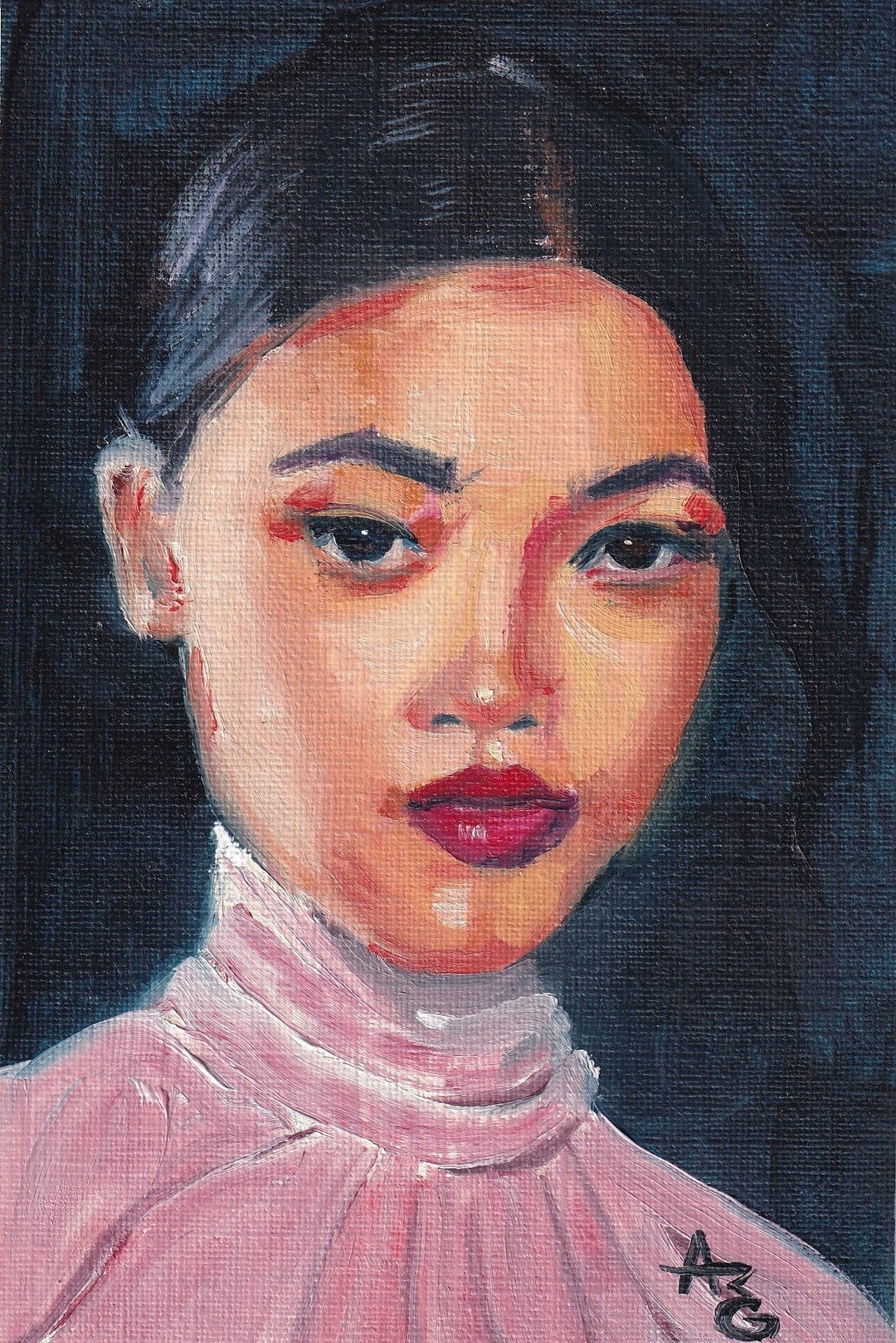 MIKA. Original Oil Painting of a Young Woman With Bun and Pink High ...