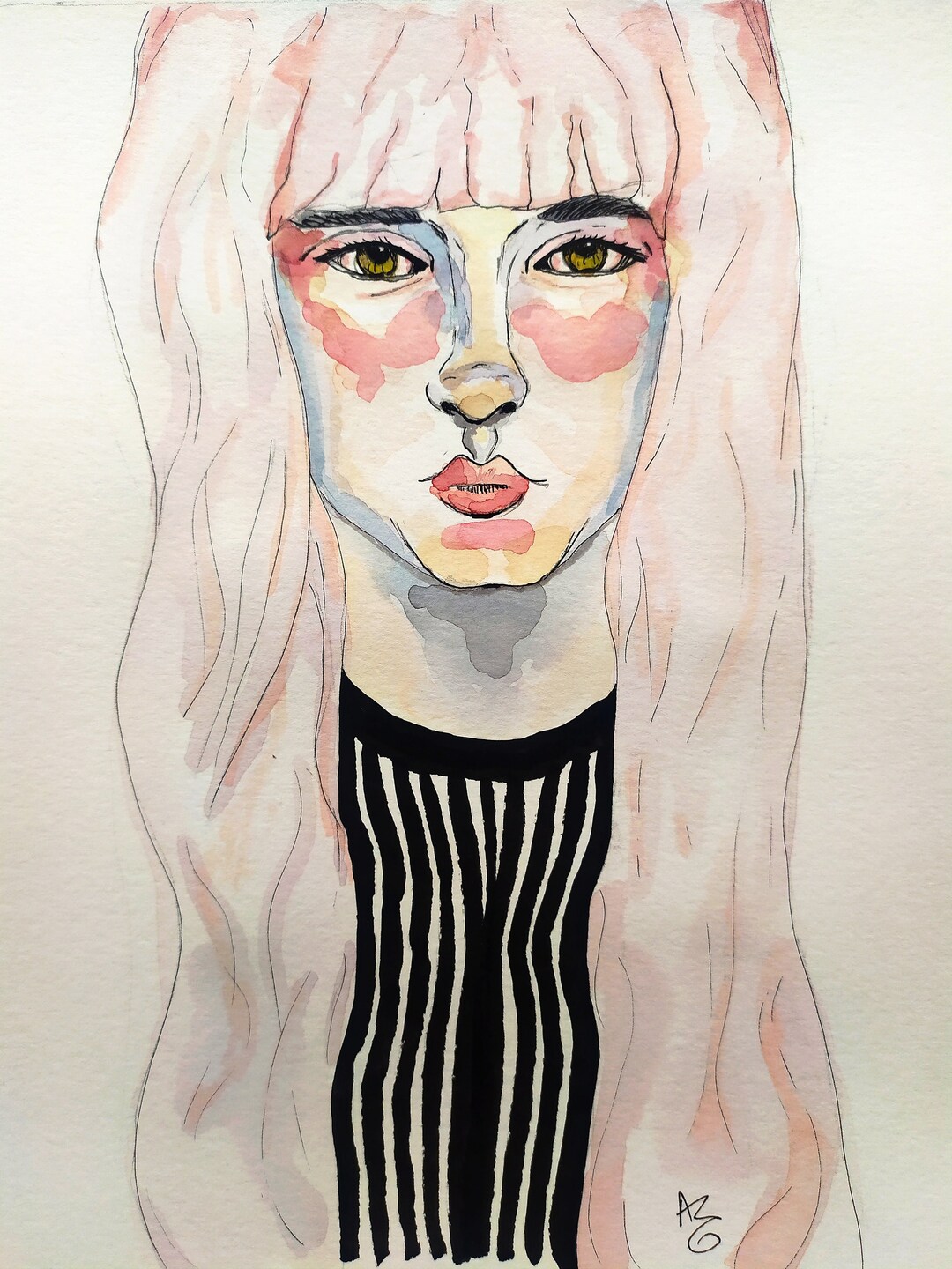 AINÉ. Original Ink and Watercolor Illustration of a Young Woman With ...