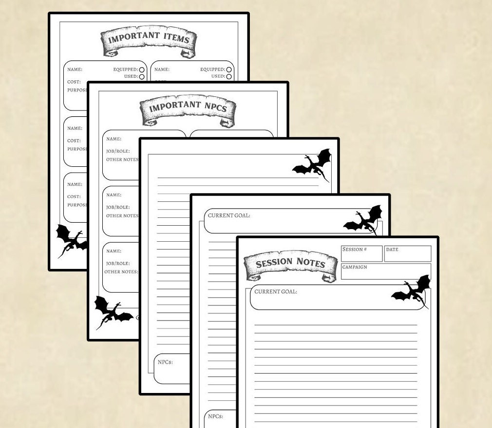 Tabletop D&D Campaign Session Player Notes Journal Pack, Digital ...